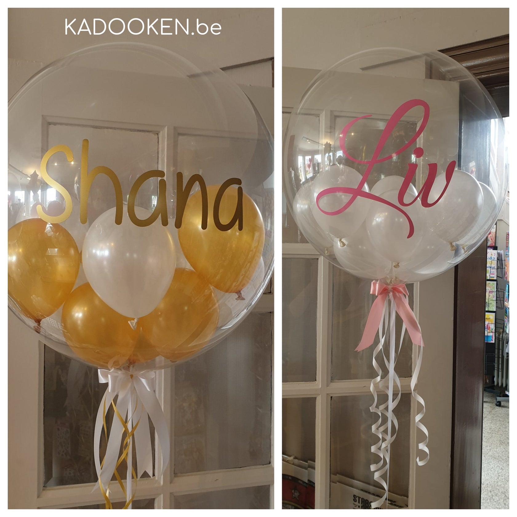 Bubble ballon met eigen tekst gevuld met mini-ballonnen – KADOOKEN.be